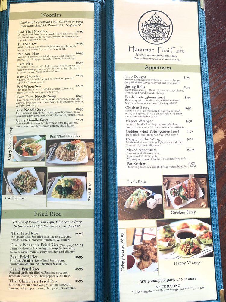 Menu at Hanuman Thai Cafe, Kirkland