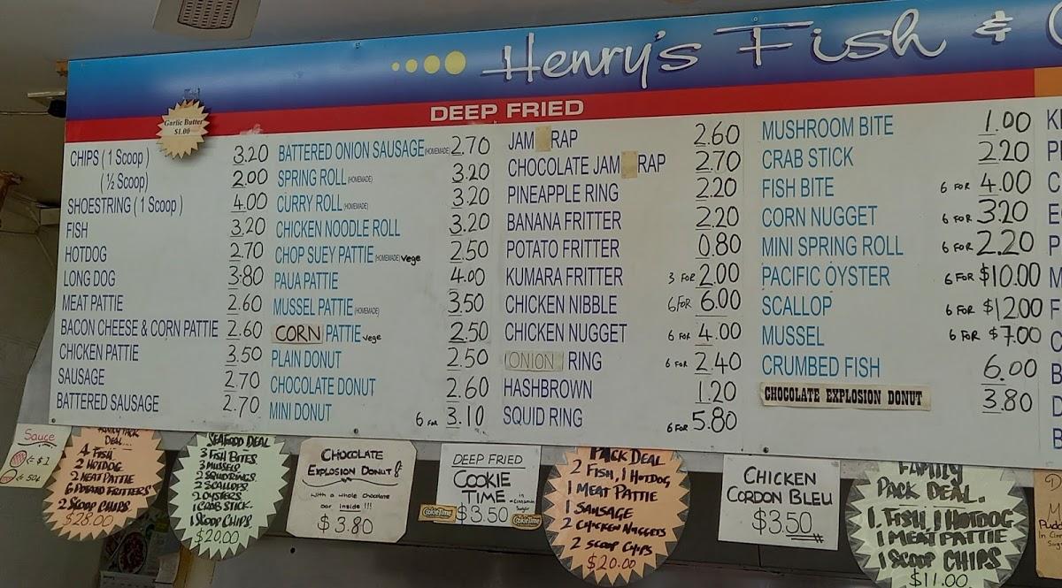 Menu at Henry's Fish & Chips restaurant, Christchurch