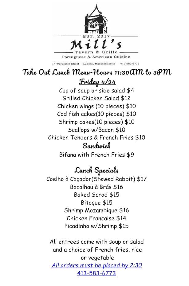 Menu at Mill's Tavern & Grille restaurant, Ludlow