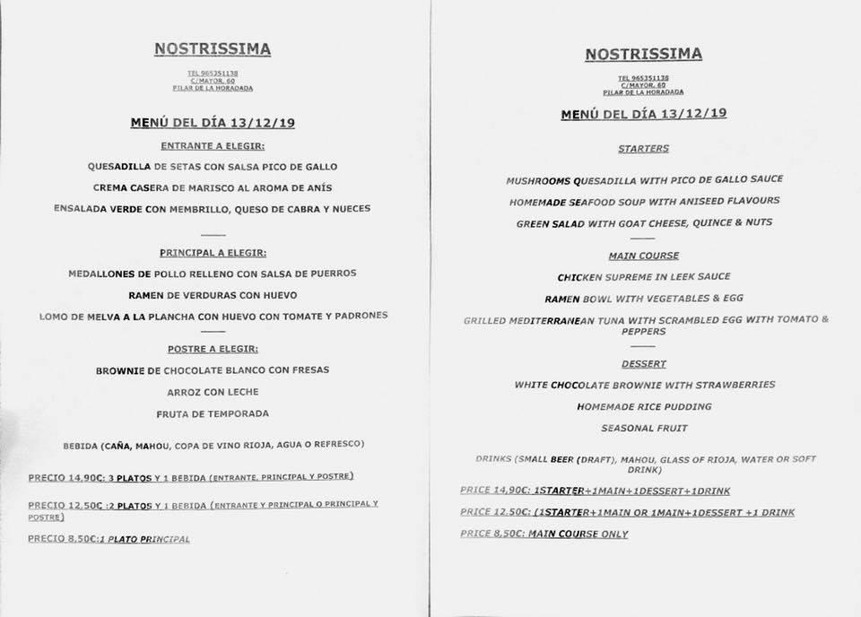Menu at Nostrissima restaurant, Pilar de la Horadada