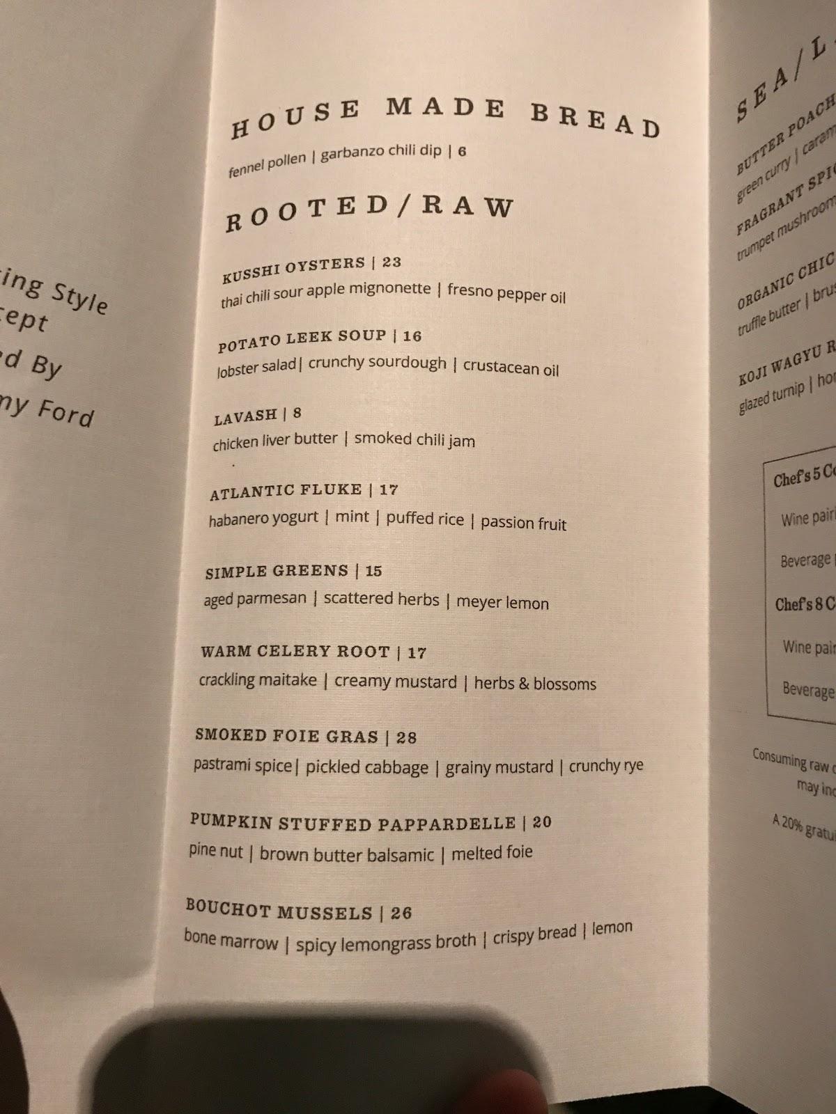 Menu at Stubborn Seed restaurant, Miami Beach