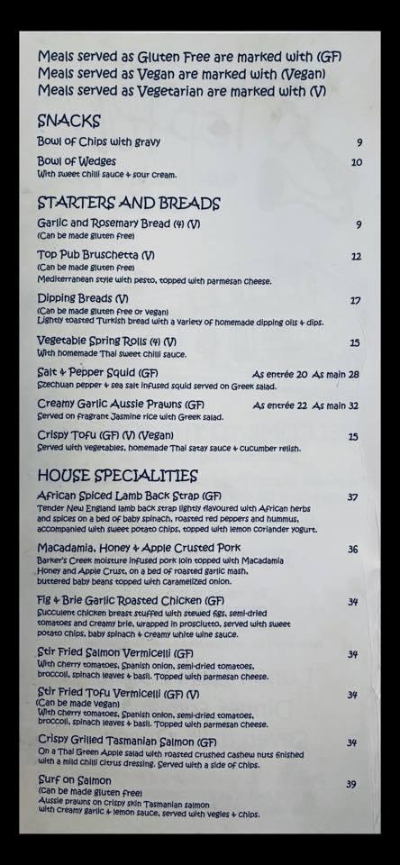 Menu at Top Pub, Uralla