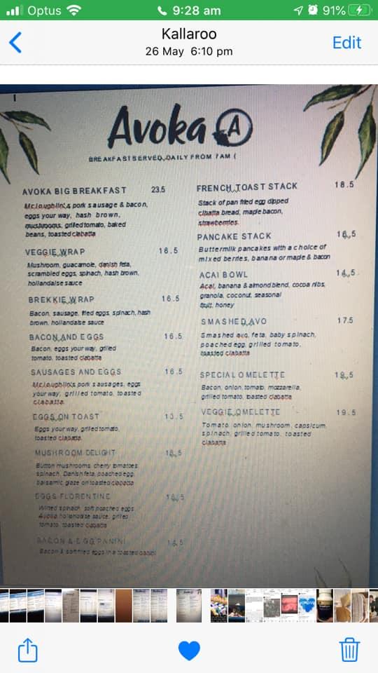 Menu at Avoka cafe, Woodvale