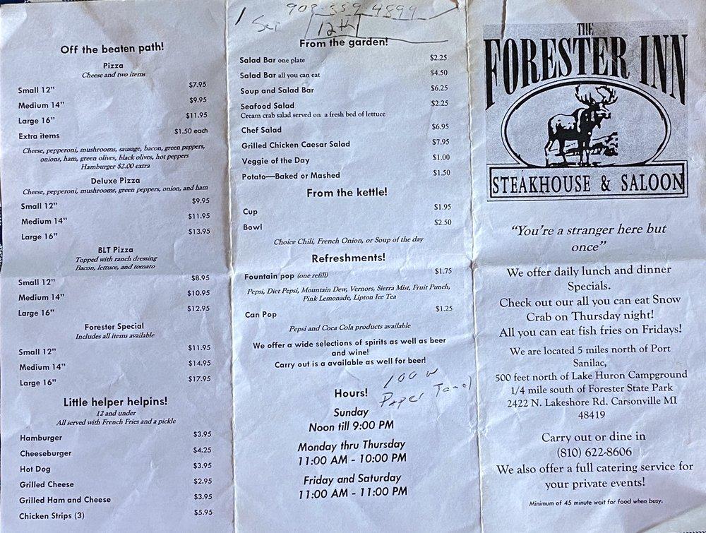 Menu at Forester Inn pizzeria, Forester