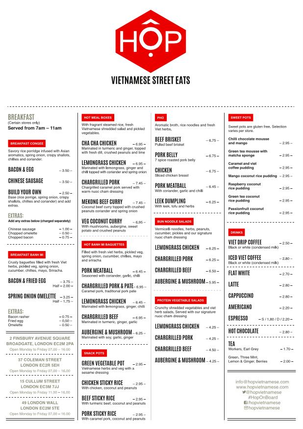 Menu at HOP Vietnamese restaurant, London, 37 Coleman St