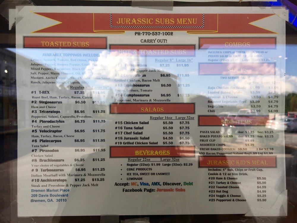 Menu at Jurassic Subs restaurant, Bremen, 209 Davis Blvd