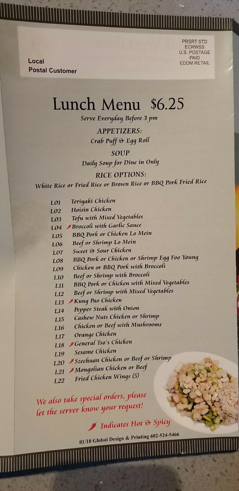 Menu at King's Chef Chinese Food restaurant, Mesa
