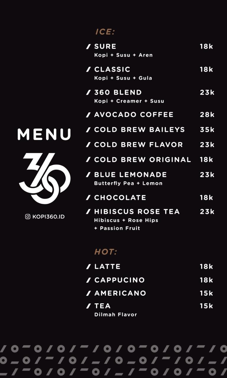 Menu at Kopi 360 cafe, West Jakarta, Jl. Tiang Bendera I No.95B