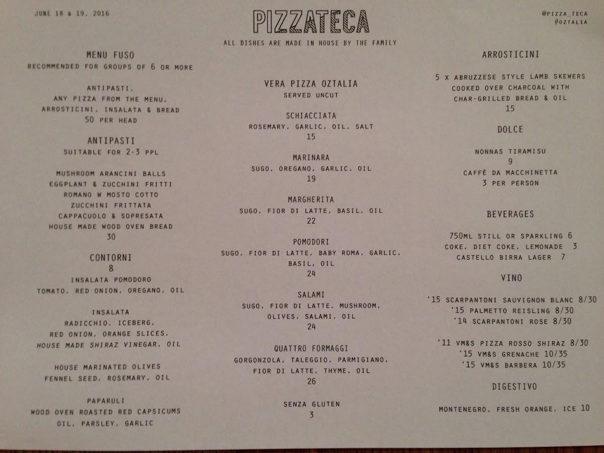 Menu at Pizzateca pizzeria, McLaren Vale