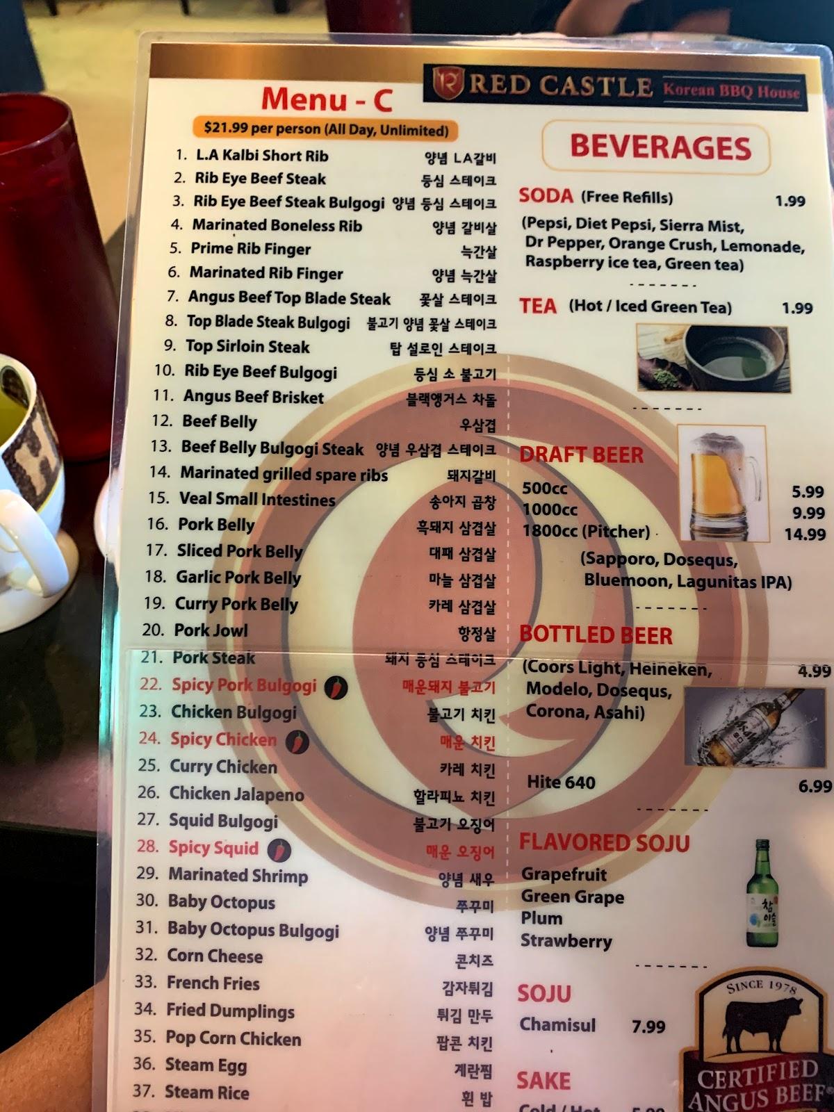 Menu at Red Castle Korean BBQ, Rialto