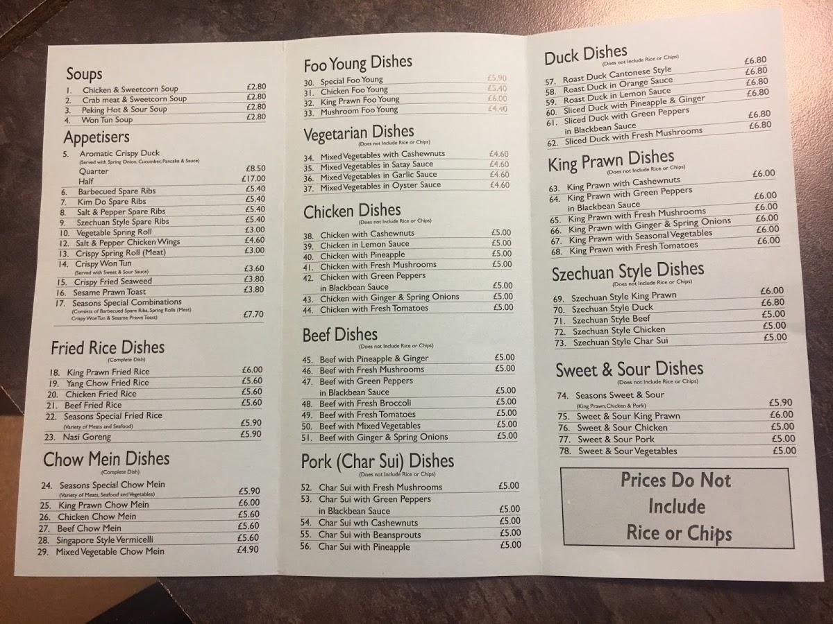 Menu at Seasons Chinese Takeaway fast food, Lytham Saint Annes