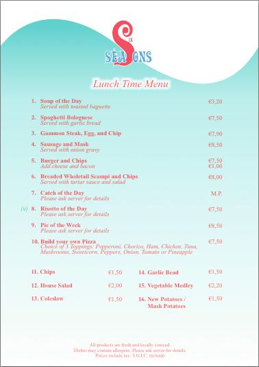 Menu at Teazers Cafe Bar, Maspalomas