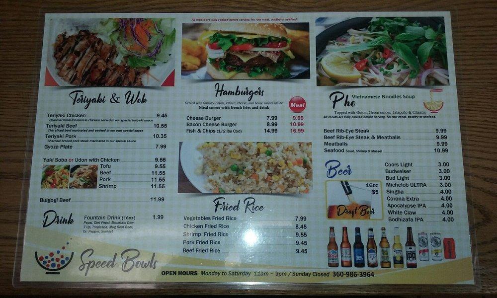 Menu at SpeedBowl restaurant, Hoquiam