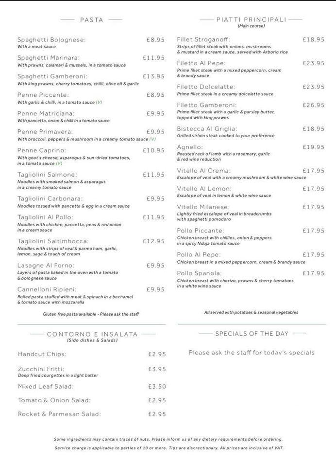 Menu at The Italian Room restaurant, Rochdale