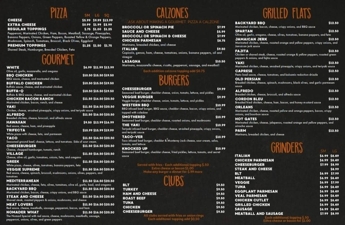 Menu at The Pizza Nomad pizzeria, West Warwick