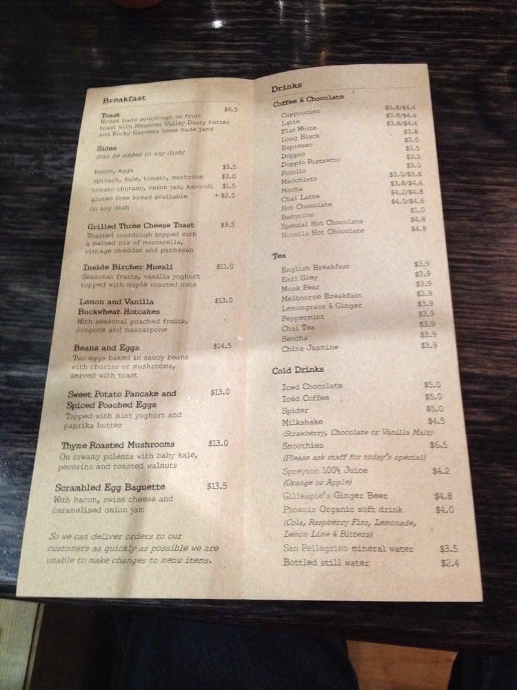 Menu at Inside Cafe, Launceston