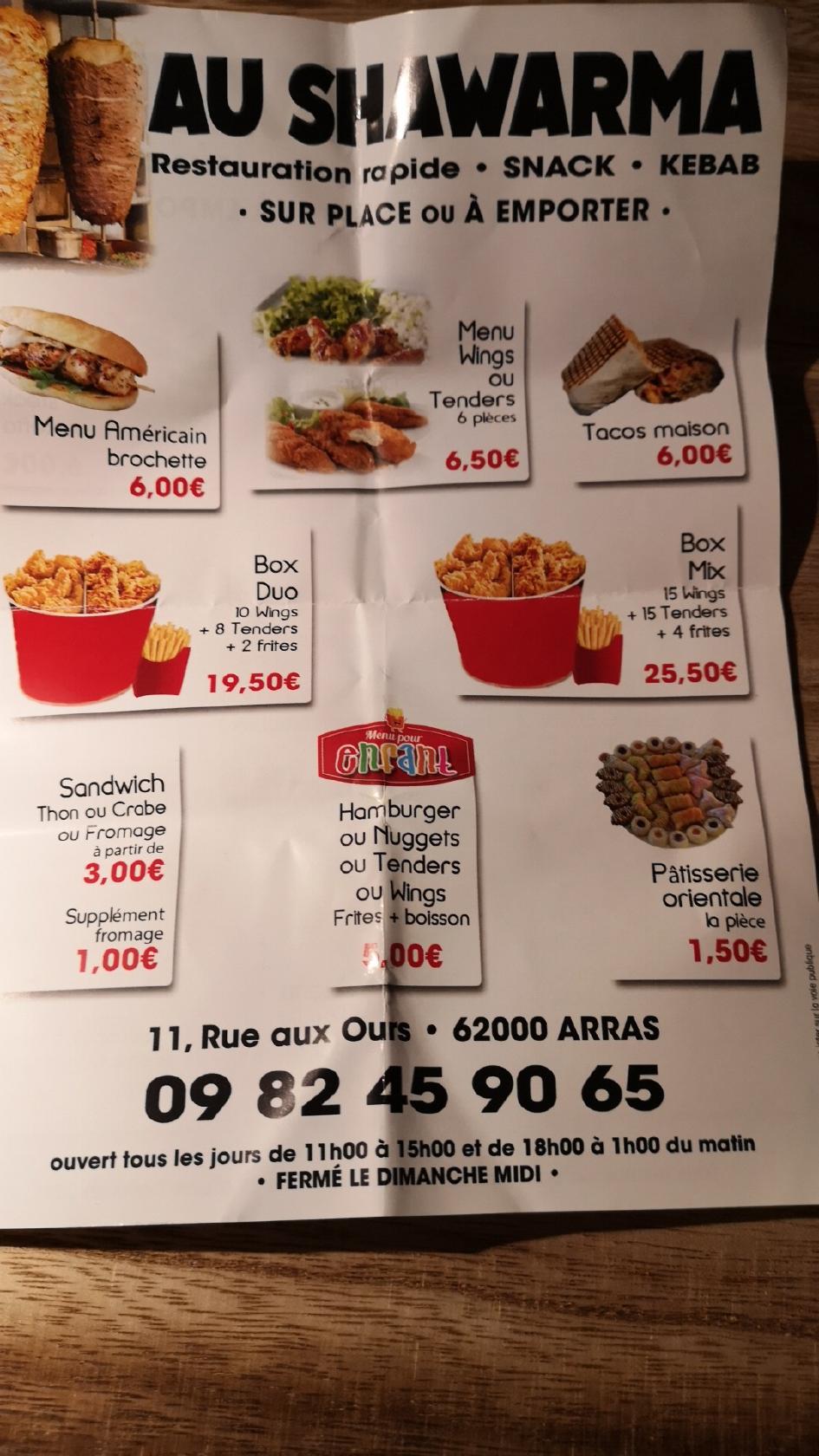 Menu at Au Shawarma restaurant, Arras