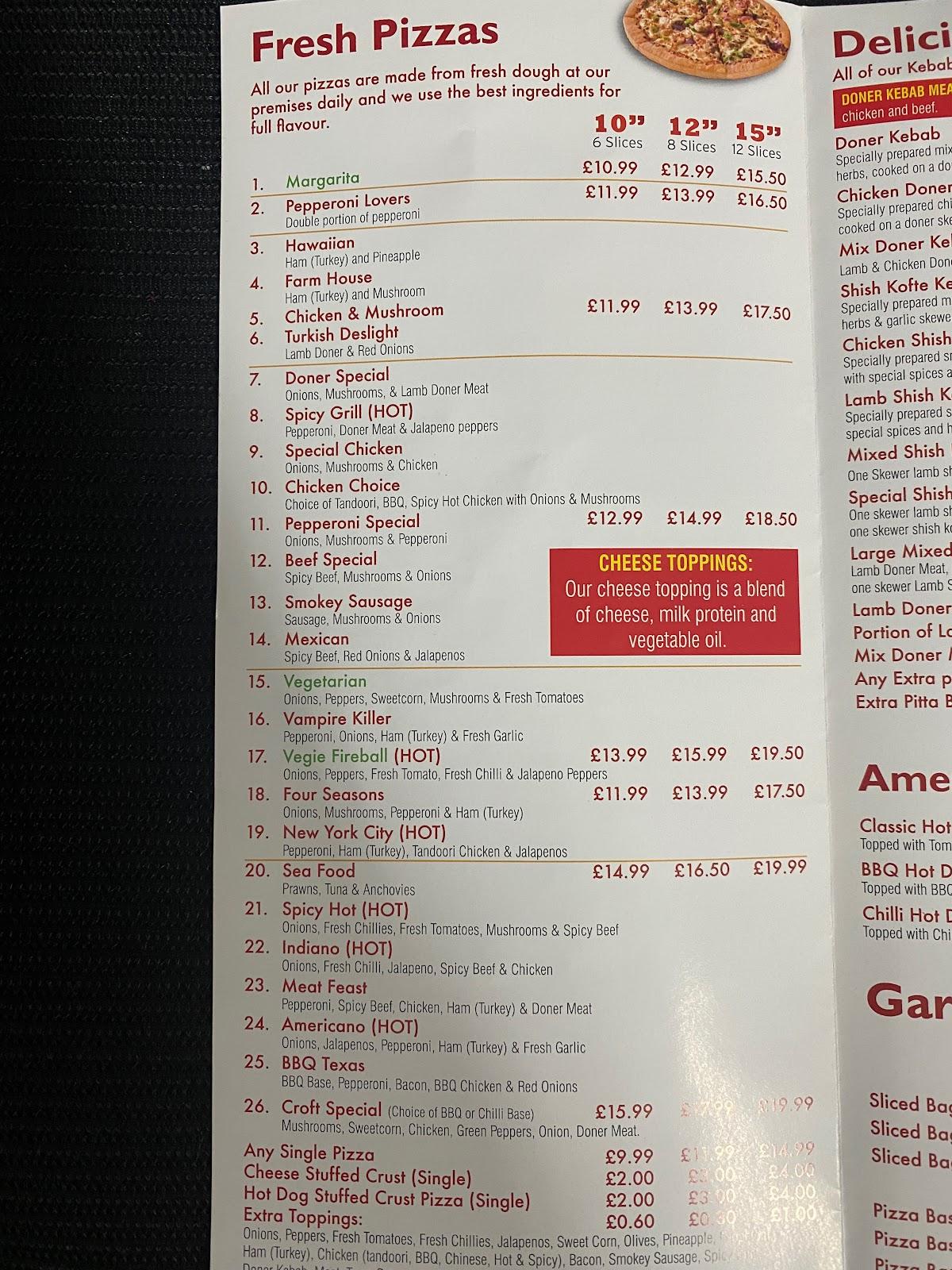 Menu at Croft Kebab pizzeria, Leicester