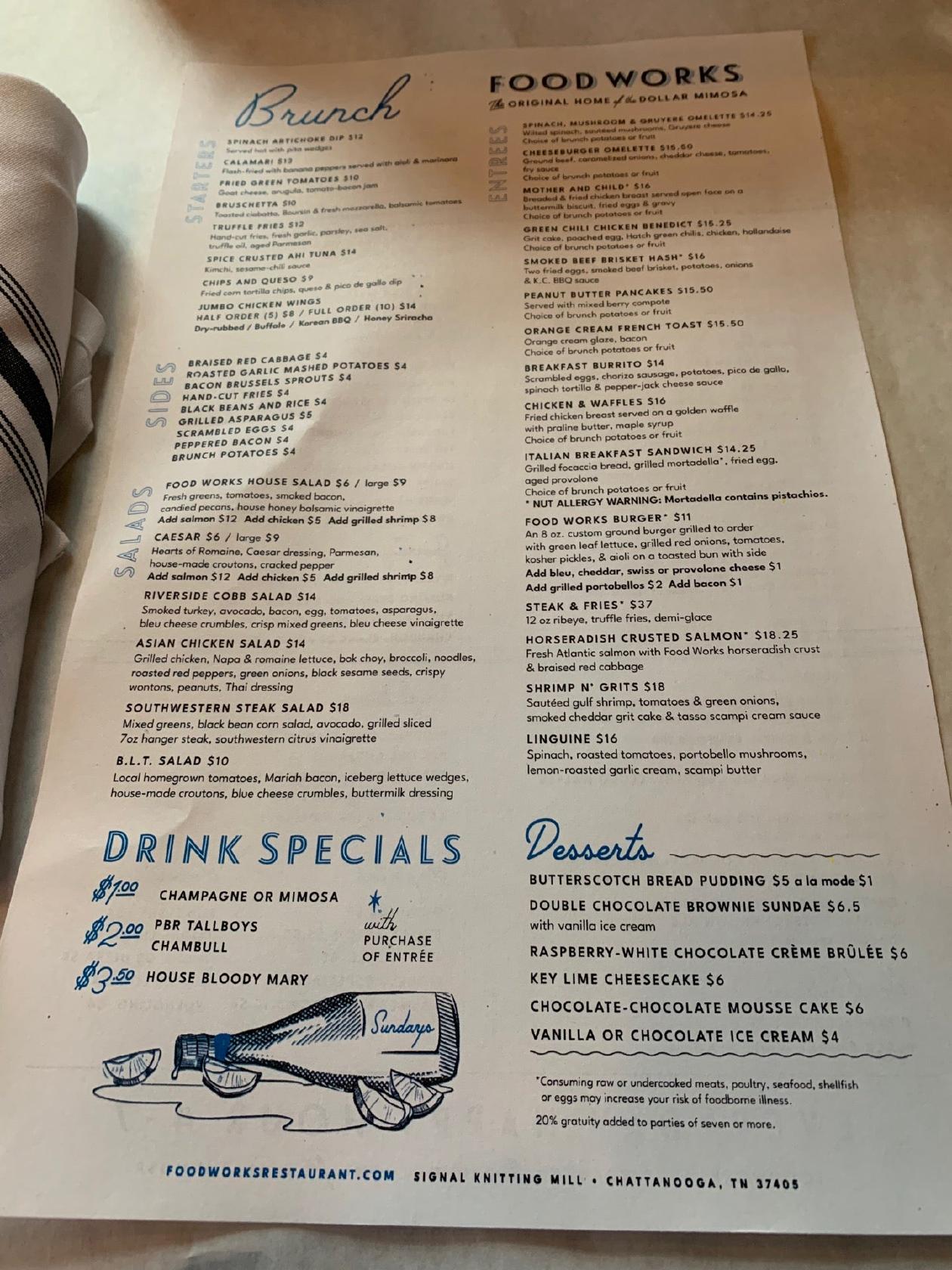 Menu at Food Works restaurant, Chattanooga