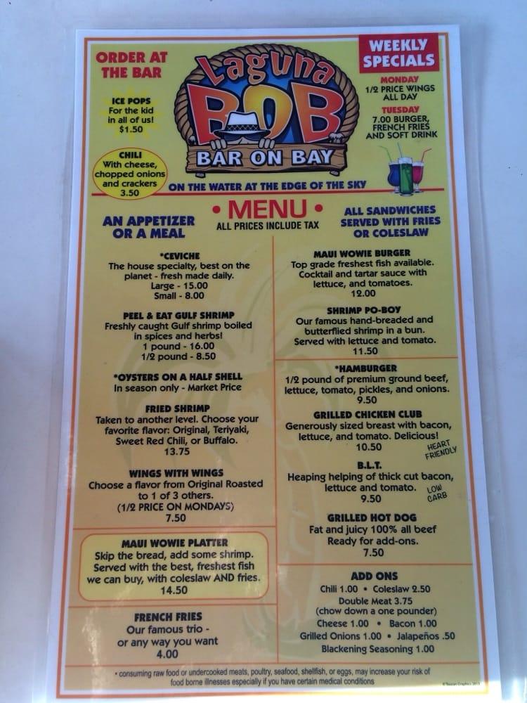 Menu at Laguna BOB pub & bar, South Padre Island, Laguna Blvd