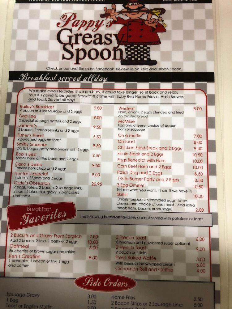 Menu at Pappy's Greasy Spoon restaurant, Canby