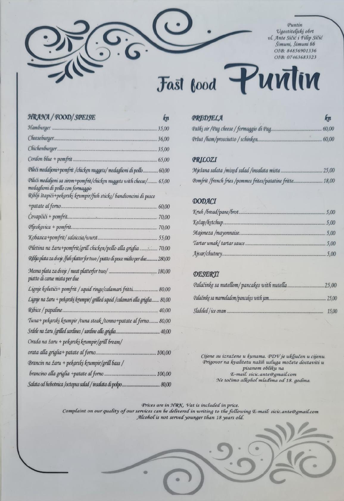 Menu at Restoran PUNTIN restaurant, Šimuni