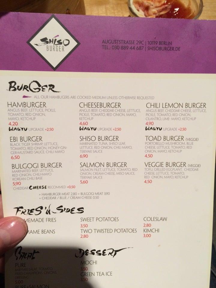 Menu at Shiso Burger restaurant, Berlin, Auguststraße 29C