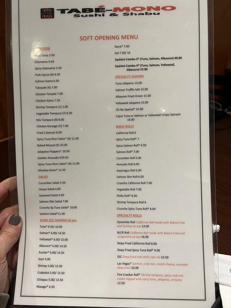 Menu at TABE-MONO Sushi & Shabu restaurant, Phoenix