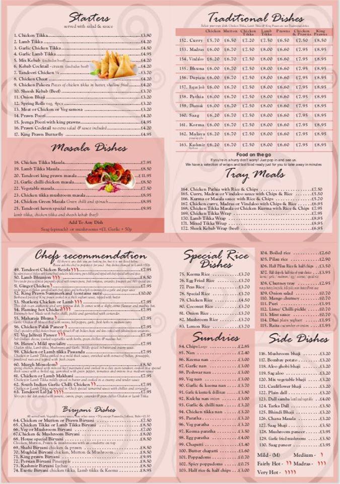 Menu at Tandoori Haven restaurant, Risca