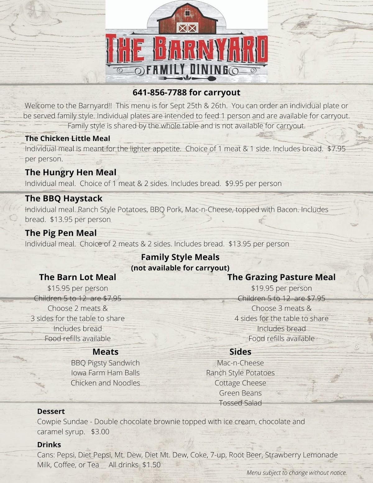 Menu at The Barnyard, Centerville
