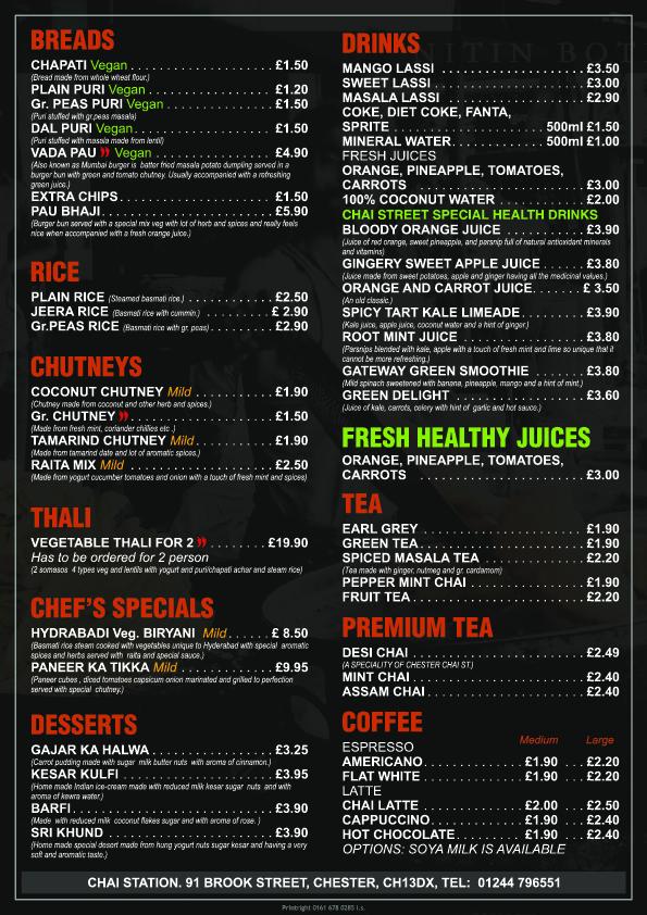 Menu at Chai Station - Vegetarian vegan Indian restaurant, Chester