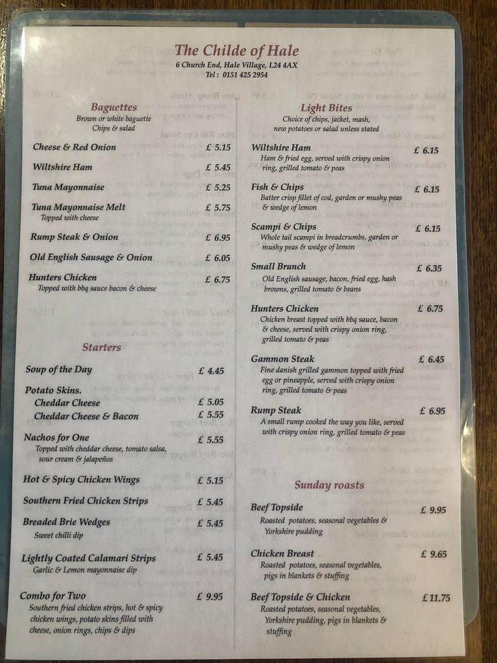 Menu at Childe of Hale pub & bar, Liverpool