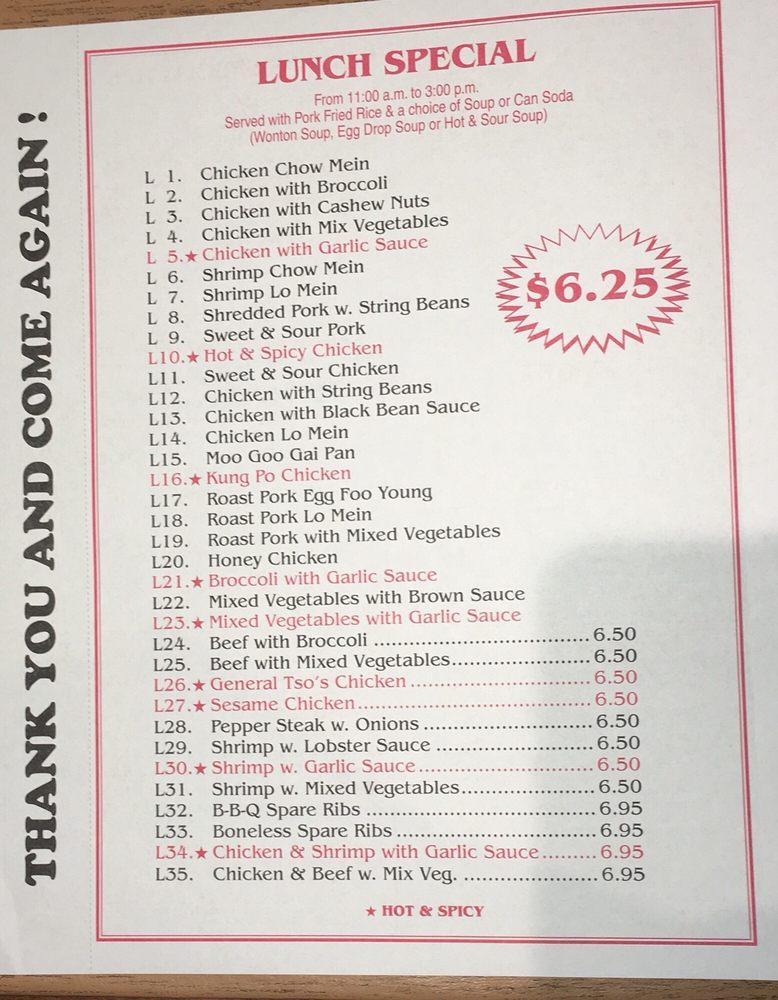 Menu at China One restaurant, Milltown