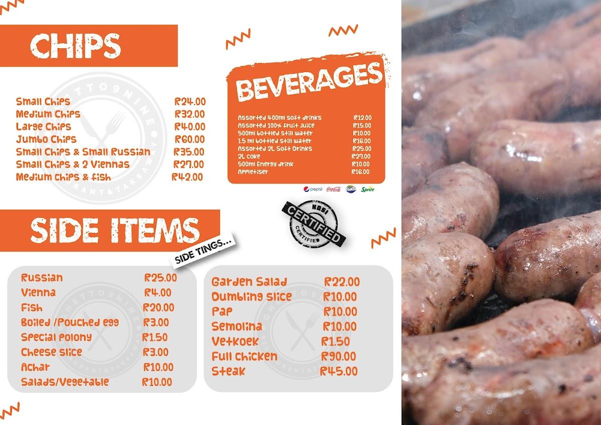 Menu at Ghetto 9Nine, Polokwane