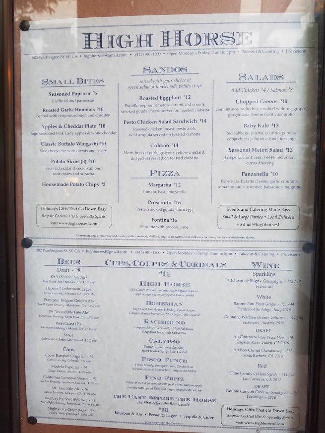 Carta del pub y bar High Horse, San Francisco