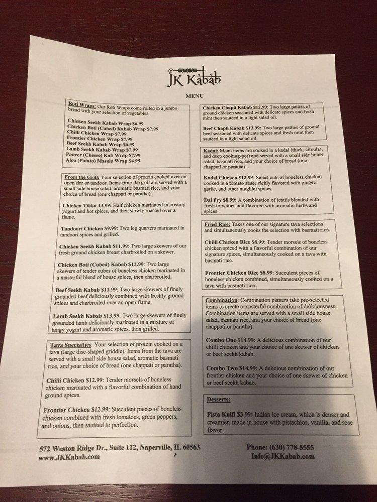 Menu at JK Kabab restaurant, Naperville