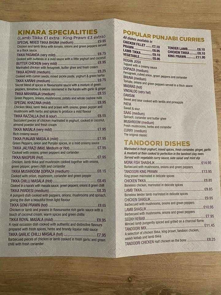Menu at Kinara Indian Cuisine restaurant, Whiteabbey