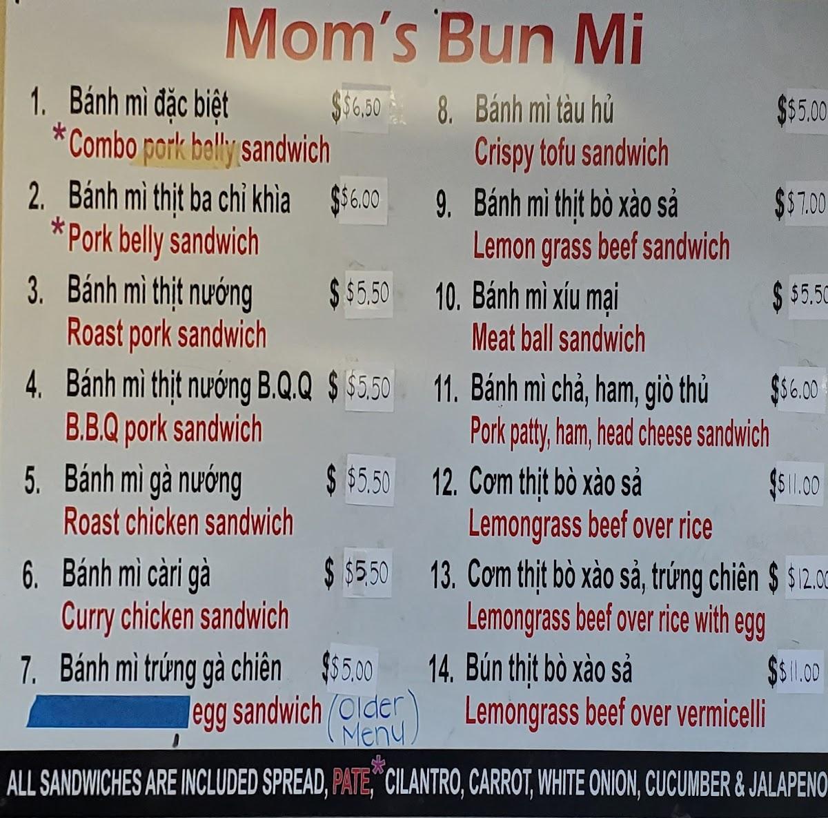Menu at Mom's Bun Mi restaurant, Oakland