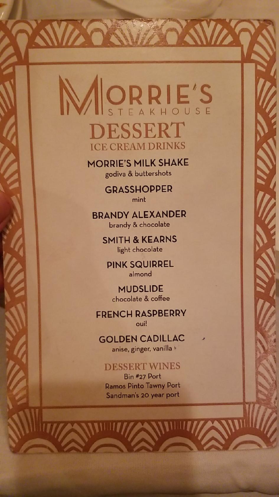 Menu at Morrie’s Steakhouse, Sioux Falls