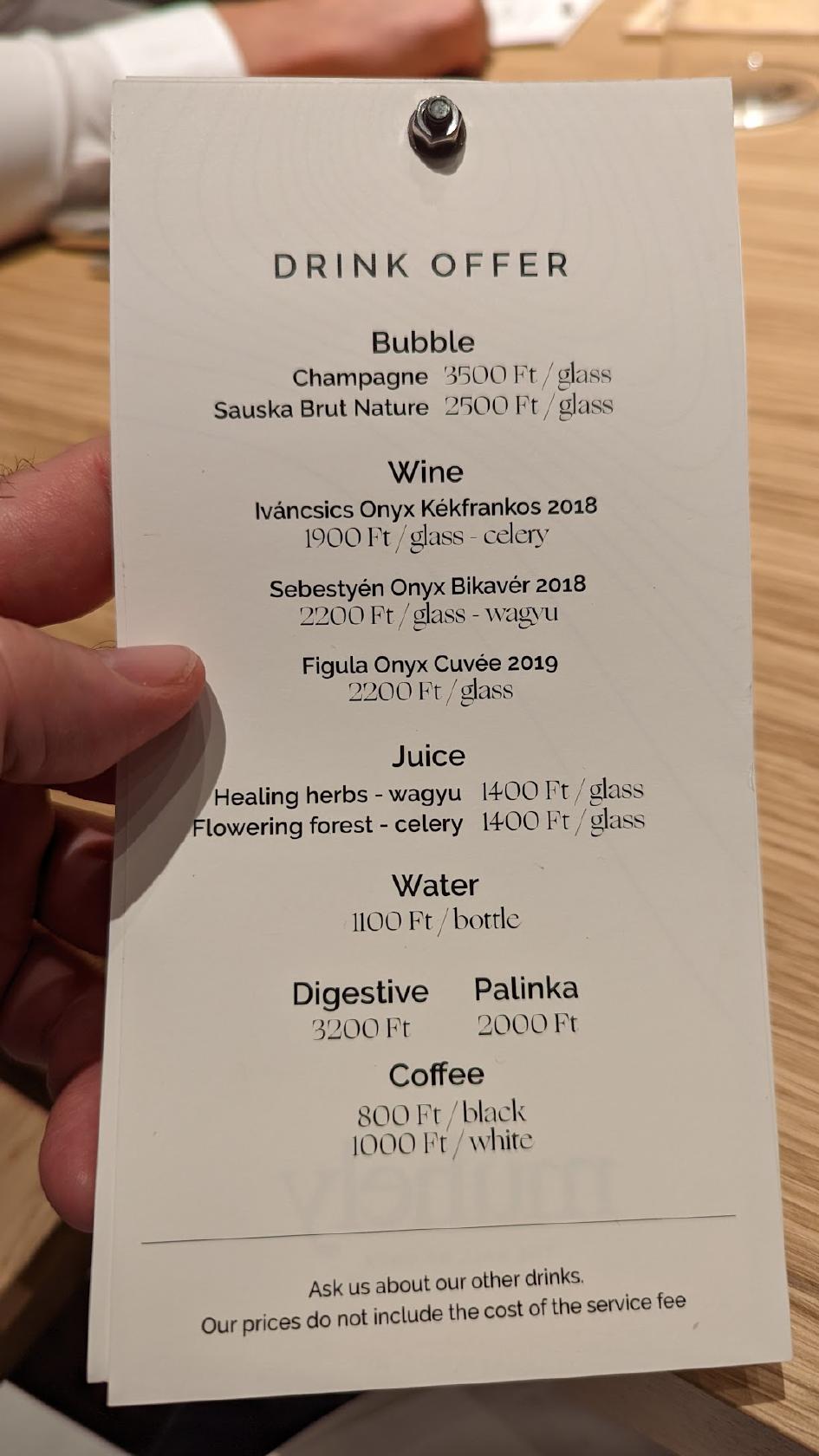 Menu at Onyx restaurant, Budapest