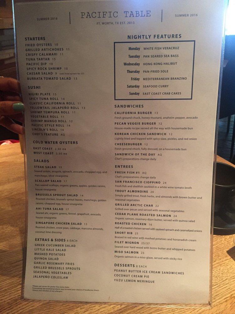 Menu at Pacific Table restaurant, Fort Worth
