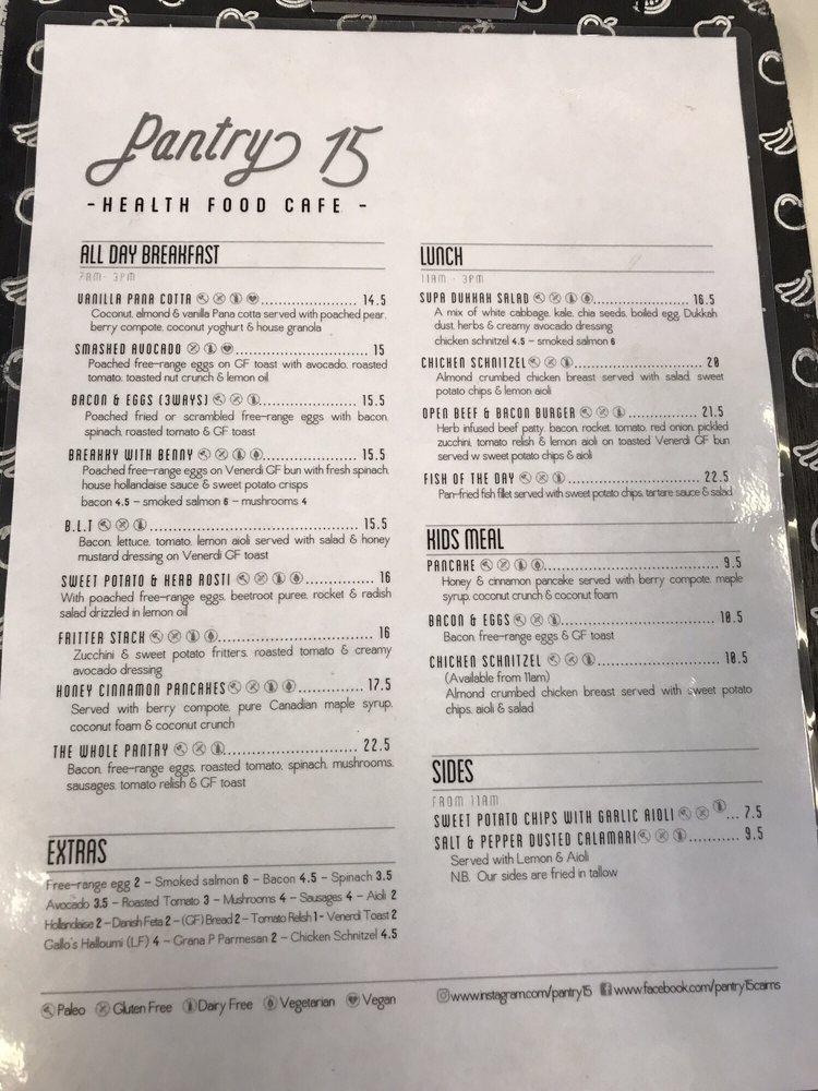 Menu at Pantry 15 cafe, Cairns City