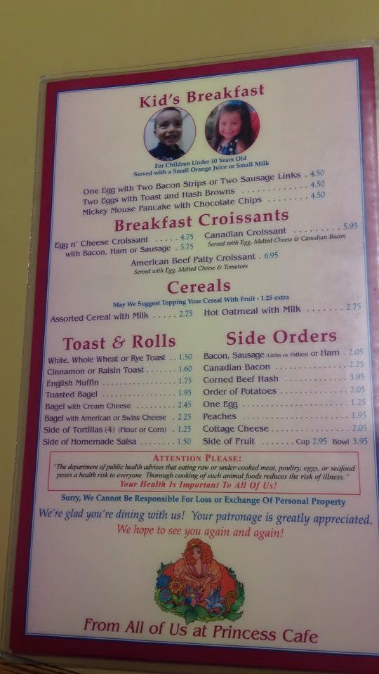 Menu at Princess Cafe, East Troy