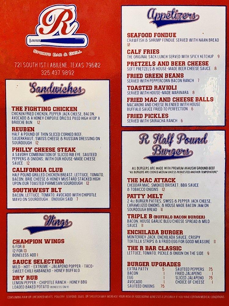 Menu at R Sports Bar & Grill, Abilene, 721 S 1st St