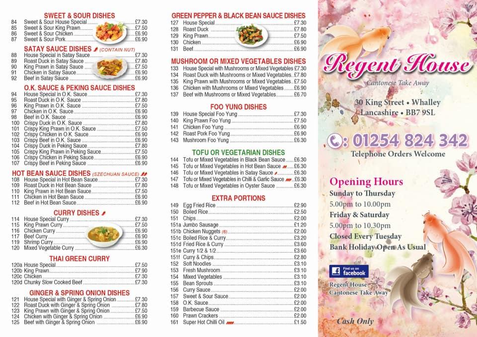Menu at Regent House Cantonese Takeaway fast food, Barrow