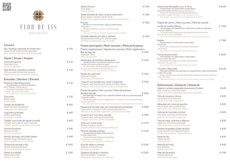 Menu em Flor de Lis by Vila Foz restaurante, Porto