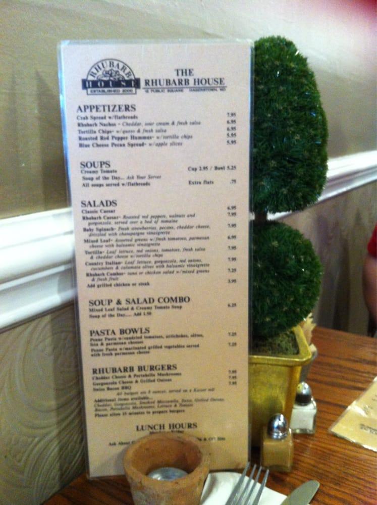 Menu at Rhubarb House, Hagerstown