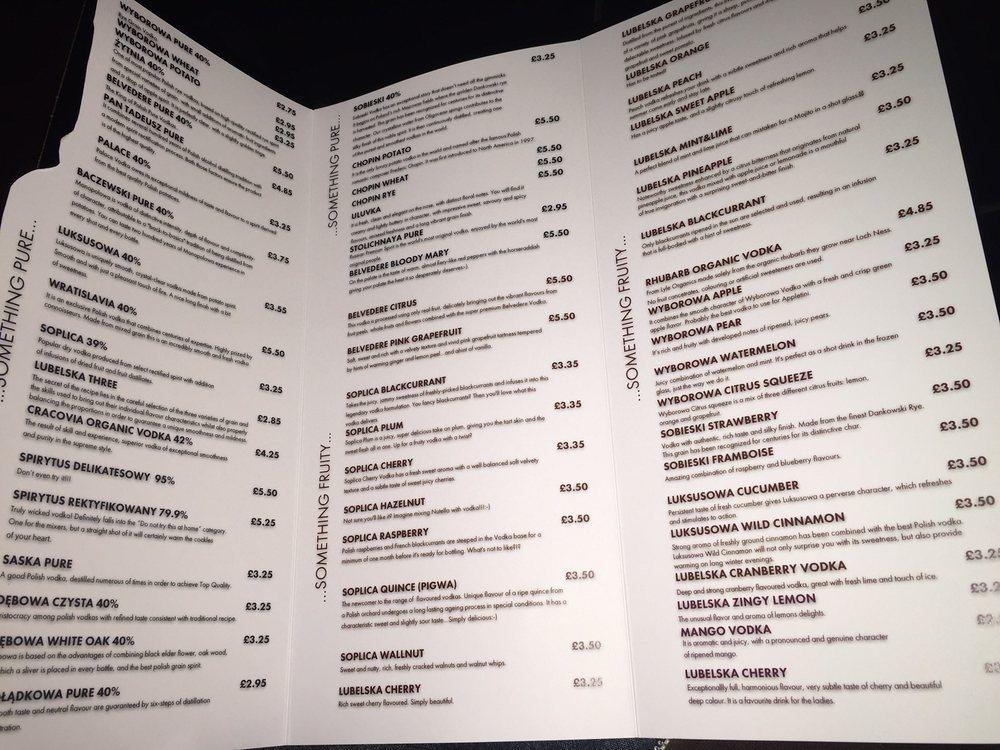 Menu at Secret Arcade Vodka Bar, Edinburgh, 48 Cockburn St