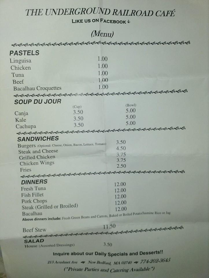 Menu at The Underground Railroad Cafe, New Bedford