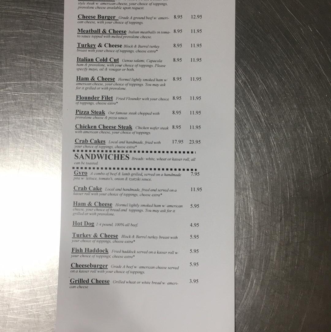 Menu at Tommy's Sub Shop restaurant, Ocean City